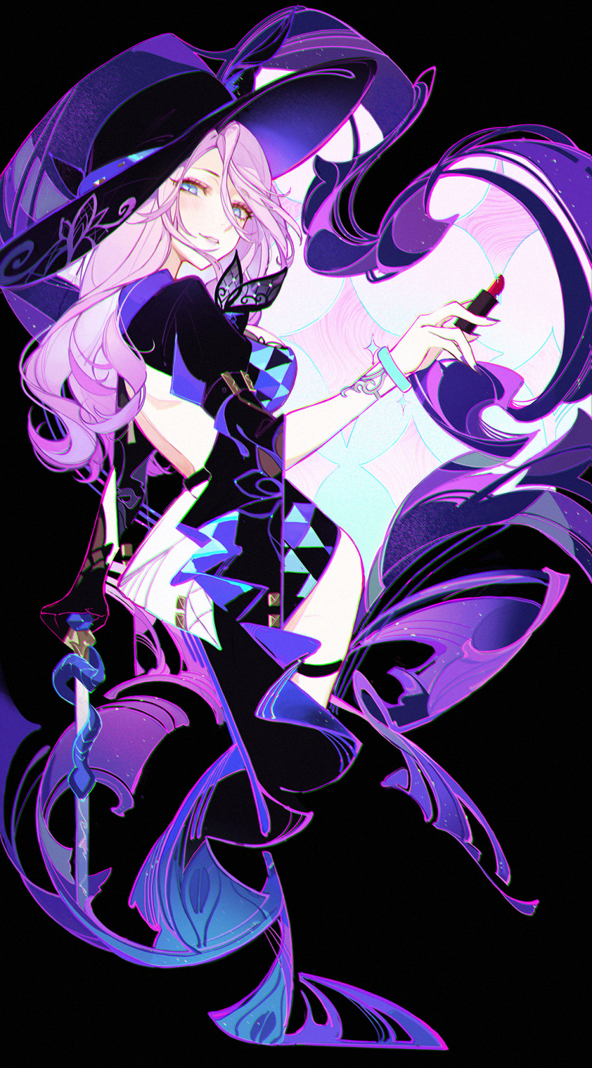 Safebooru - 1girl backless outfit black background black hat blue eyes ...