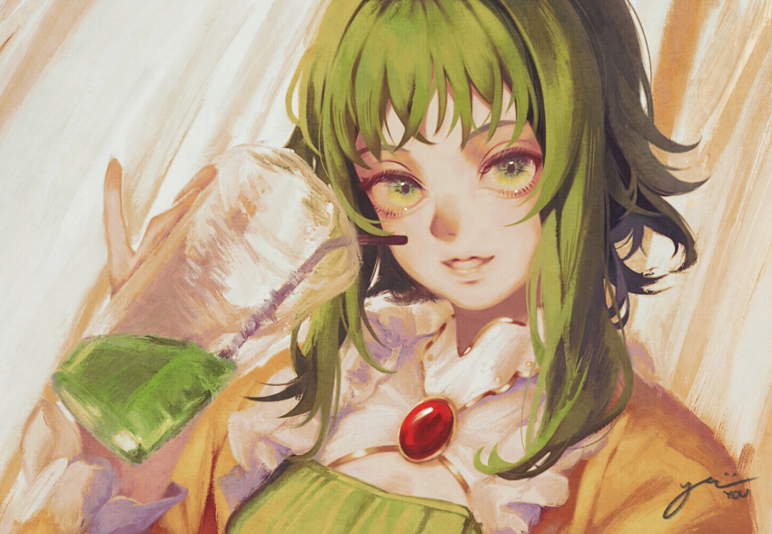 Safebooru - 1girl cup drink drinking straw green eyes green hair gumi ...