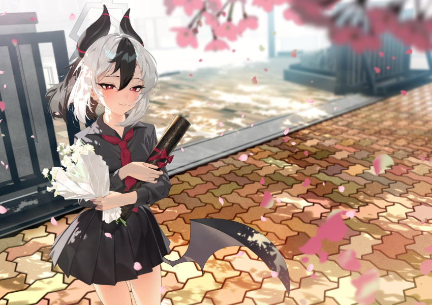 Safebooru - 1girl black hair black skirt blue archive blush bouquet ...