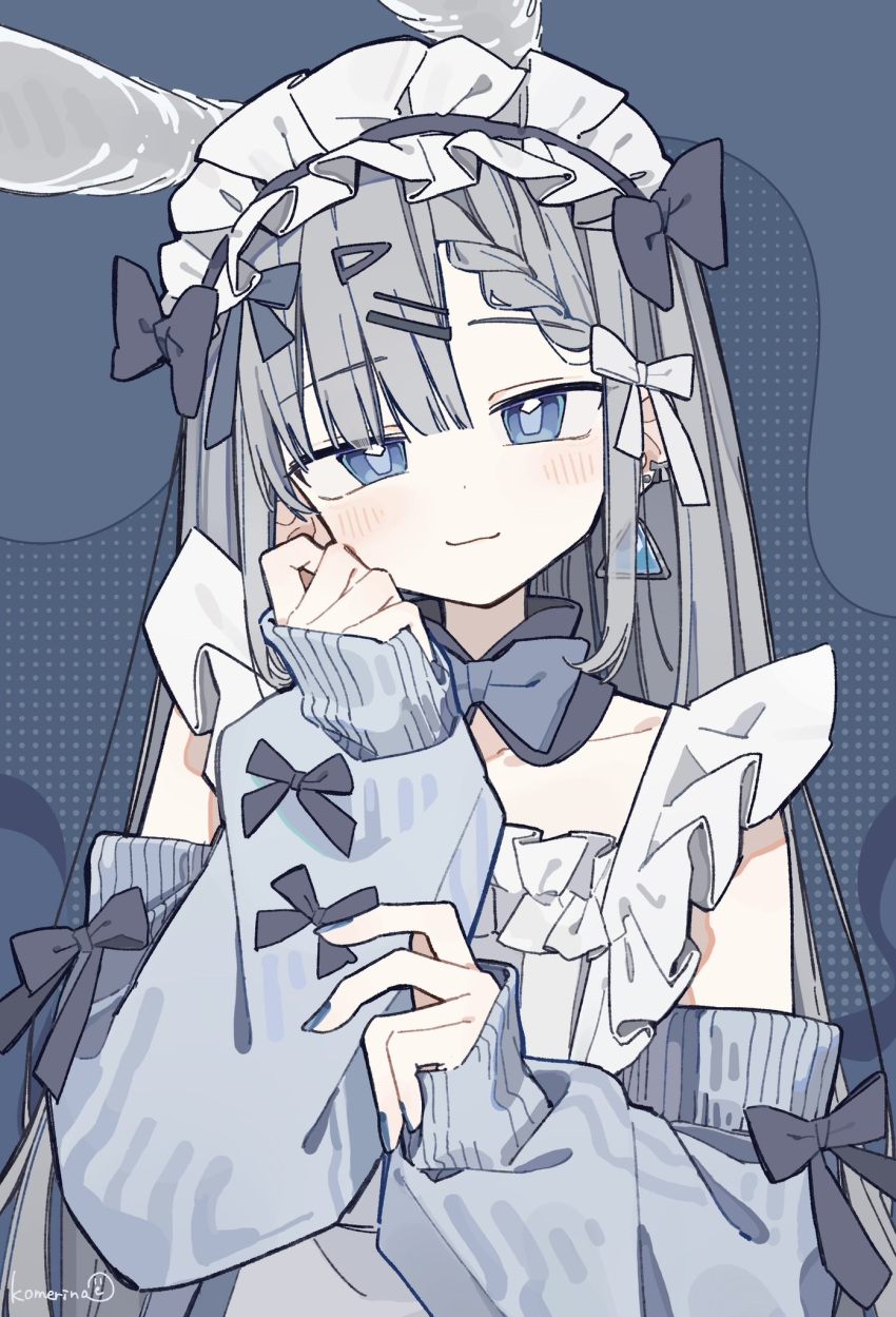 Safebooru - 1girl animal ears apron artist name blue background blue bow blue bowtie blue eyes ...