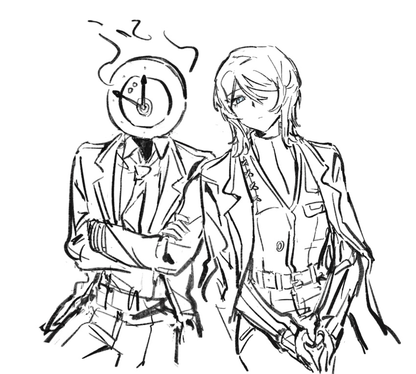 Safebooru - 1girl 1other belt blue eyes clock closed mouth coat ...