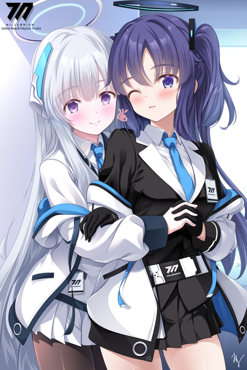 Safebooru - 2girls ;d absurdres belt black gloves black halo black skirt black suit blue archive ...