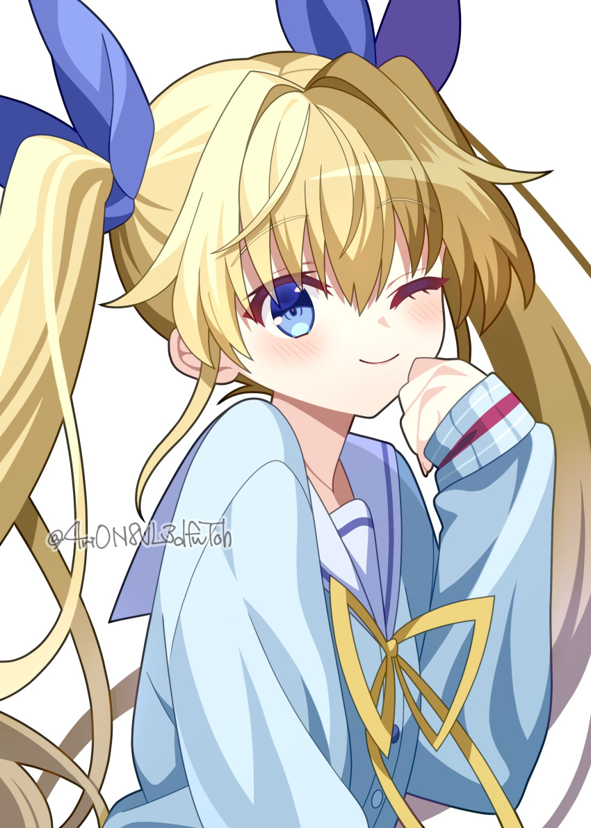 Safebooru - 1girl 4rion ;) absurdres blonde hair blue bow blue cardigan ...