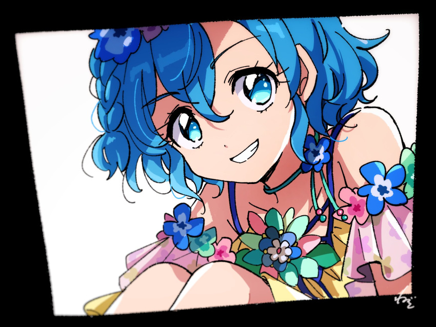 Safebooru - 1girl bare shoulders black border blue eyes blue flower blue hair border braid ...