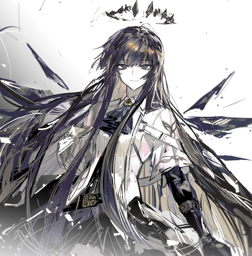 Safebooru - 1girl arknights ascot black ascot black eyes black hair black halo black skirt black ...