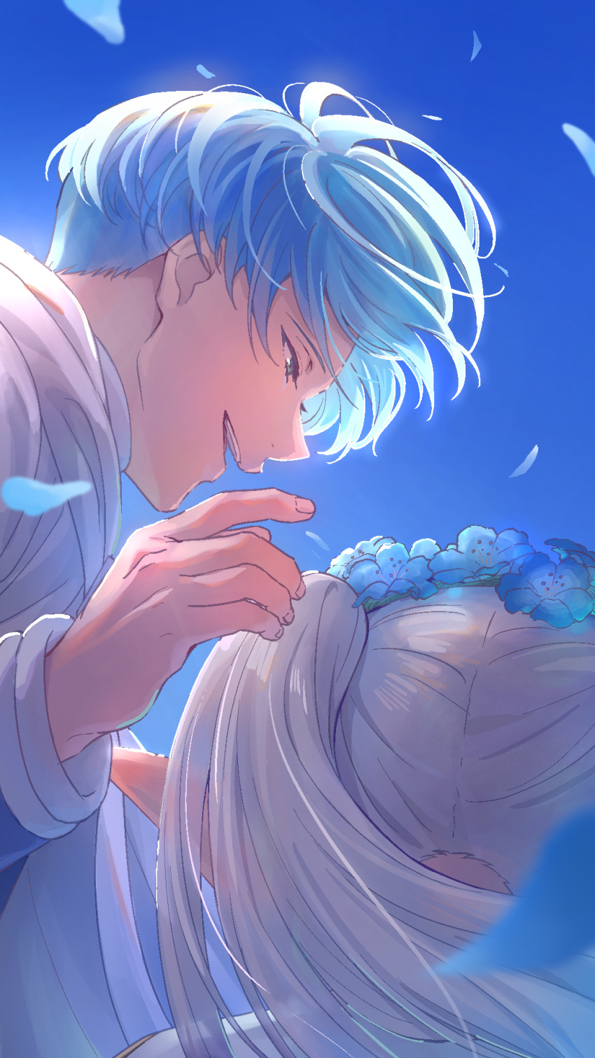 Safebooru - 1boy 1girl aoba seina blue eyes blue flower blue hair day flower frieren from behind ...