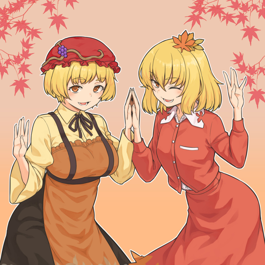 Safebooru - 2girls aki minoriko aki shizuha apron blonde hair gradient background highres kakone ...