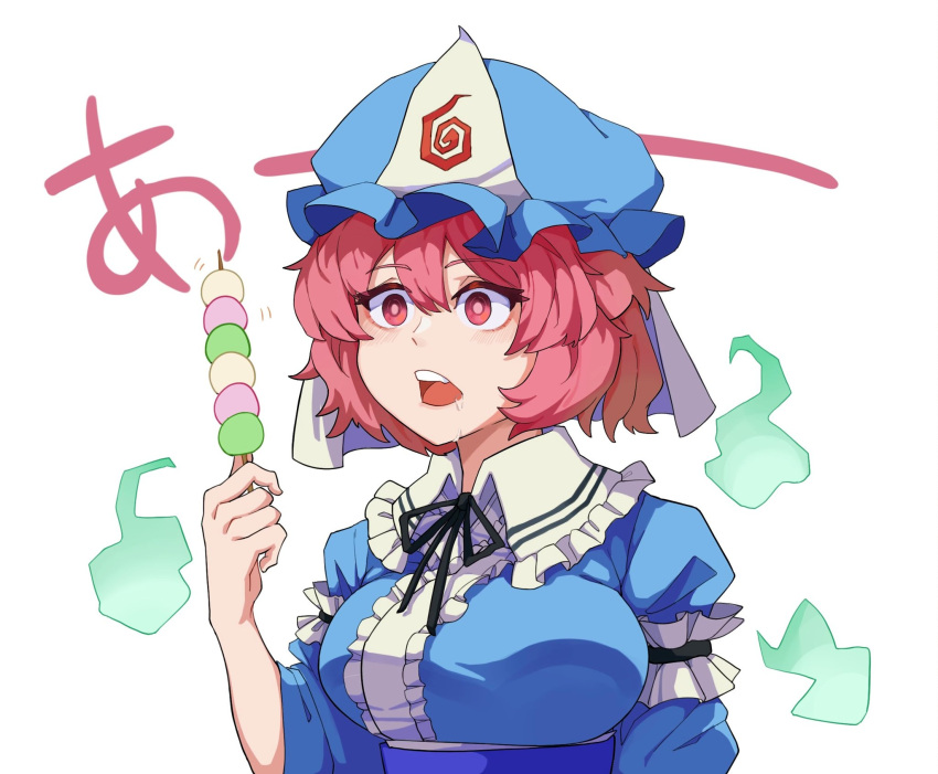 Safebooru - 1girl blue headwear blue kimono breasts dango food hat ...