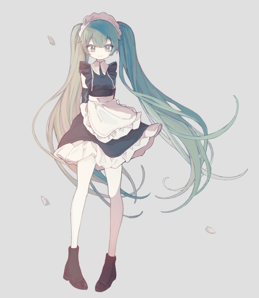 Safebooru - 1girl absurdres akoto apron aqua eyes aqua hair arms behind back brown footwear ...