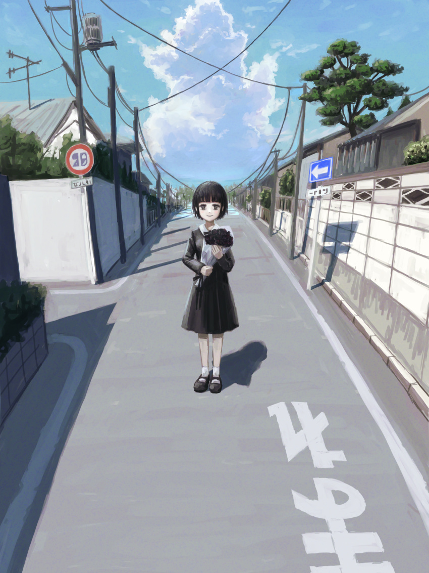 Safebooru - 1girl absurdres black dress black eyes black flower black footwear black hair blue ...