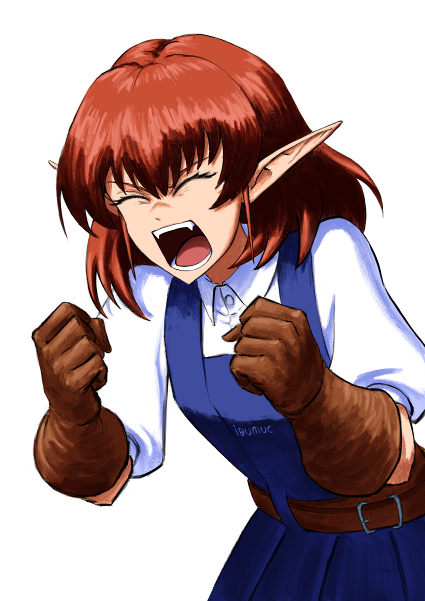 Safebooru - 1girl :o artist name belt brown gloves brown hair clenched hand closed eyes ...