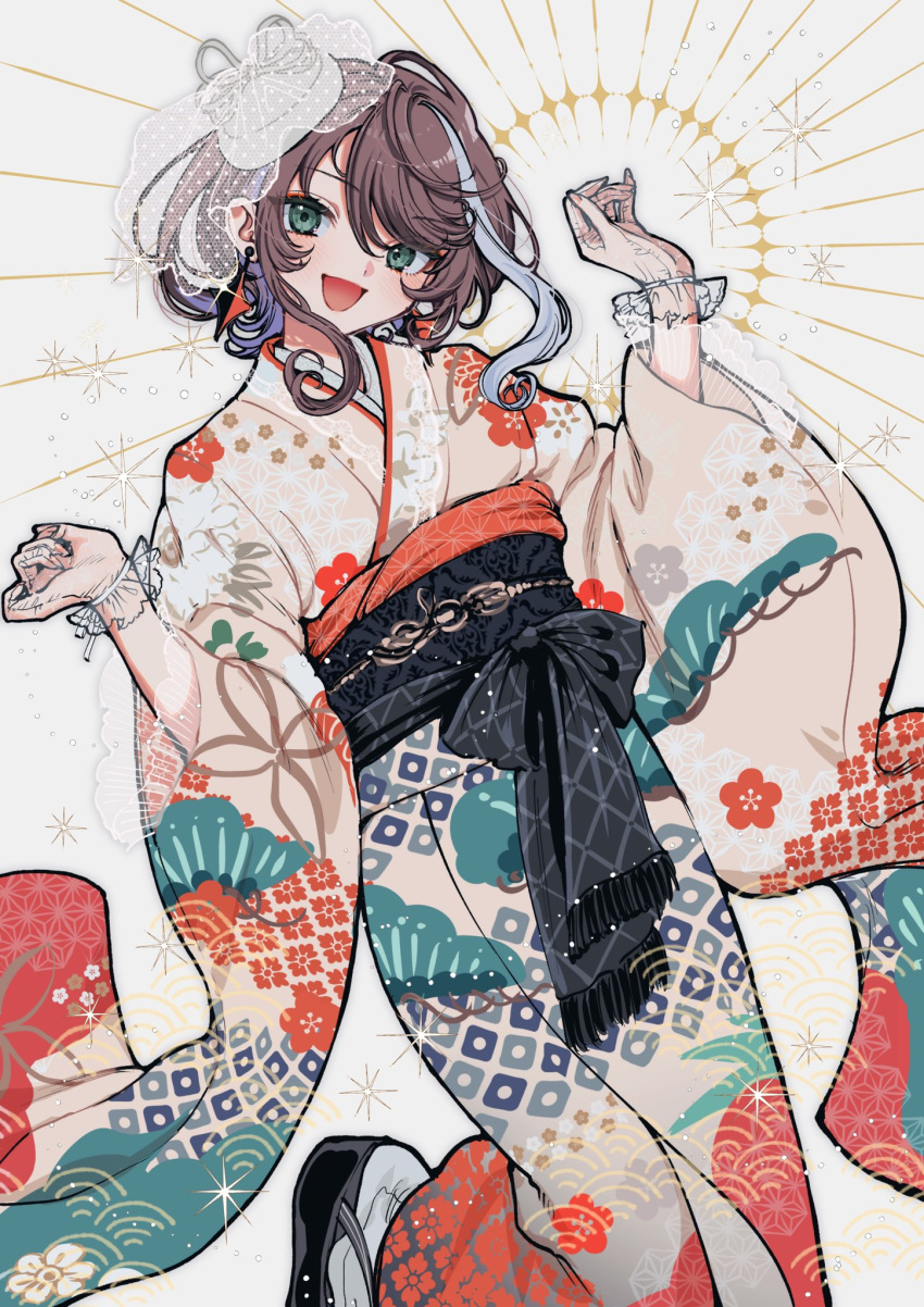 Safebooru - 1girl :d asu (sinsekai) black sash brown hair commentary ...