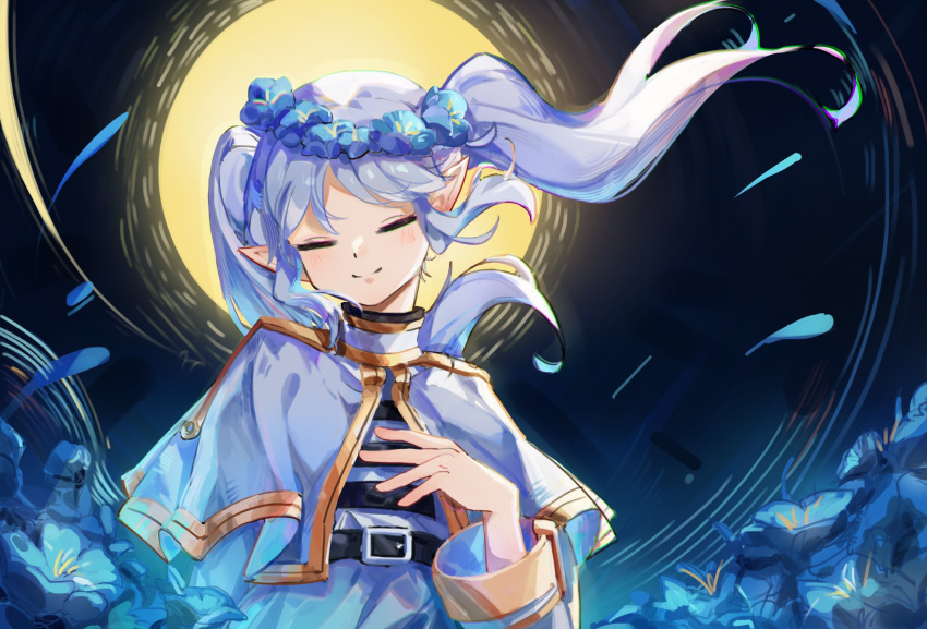 Safebooru - 1girl blue flower capelet closed eyes closed mouth commentary dress flower frieren ...