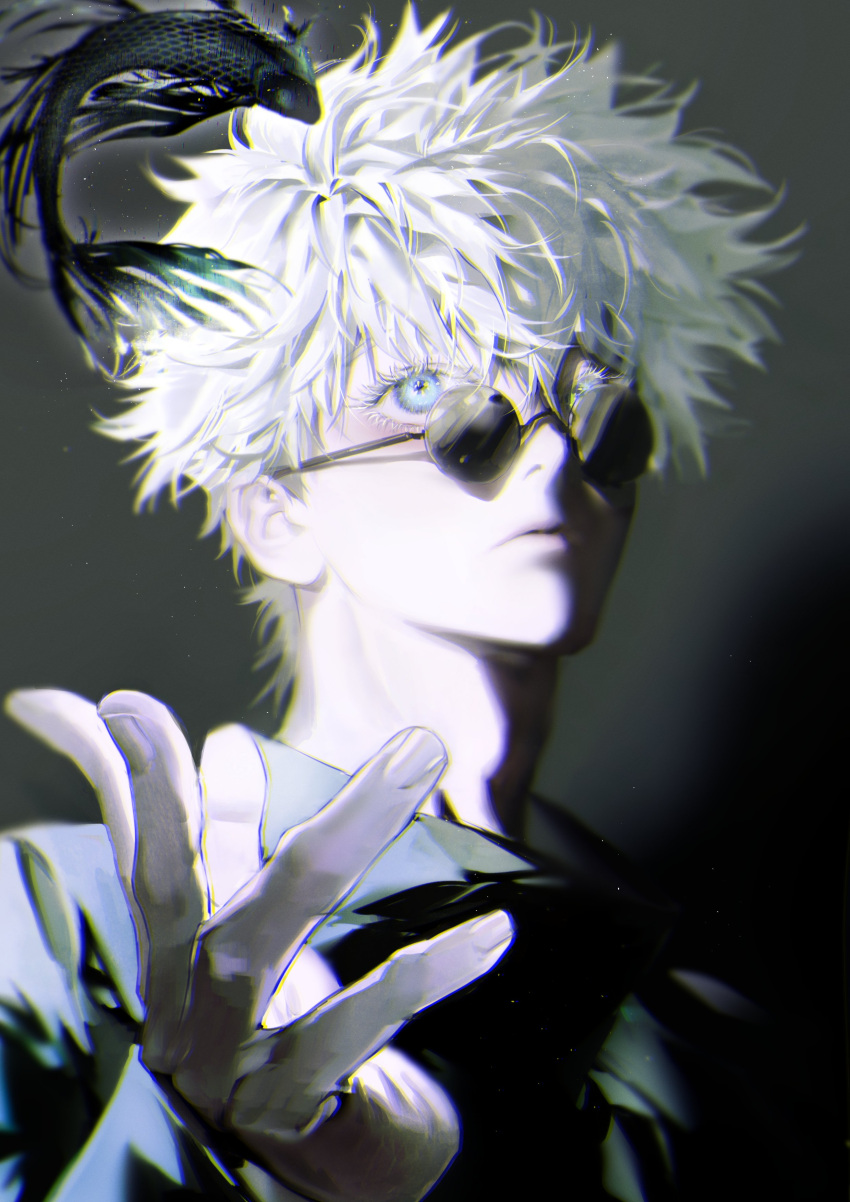 Safebooru - 1boy absurdres animal black background black jacket blue eyes closed mouth fish ...