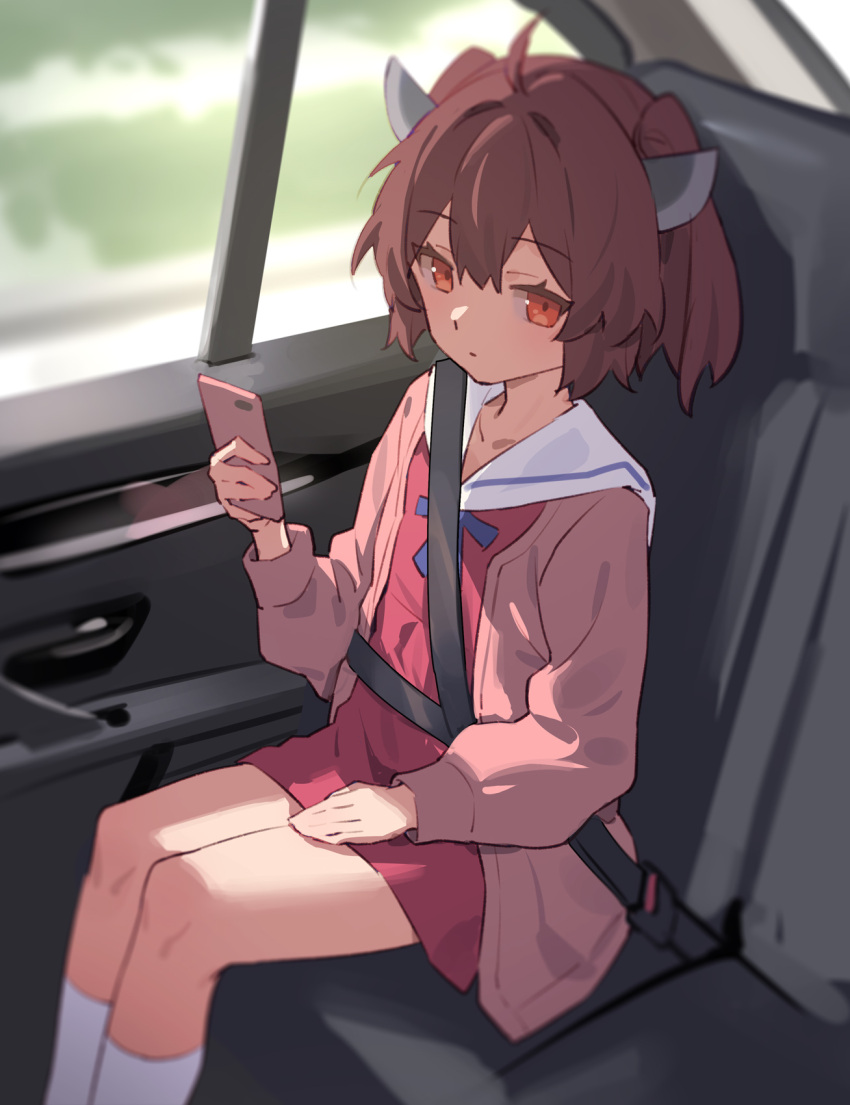 Safebooru - 1girl ahoge brown hair car interior cardigan cellphone ...
