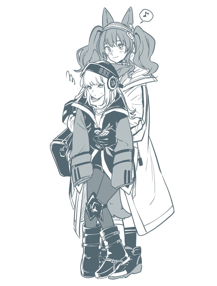 Safebooru - 2girls :o absurdres angelina (arknights) animal ears arknights beanie blush boots ...