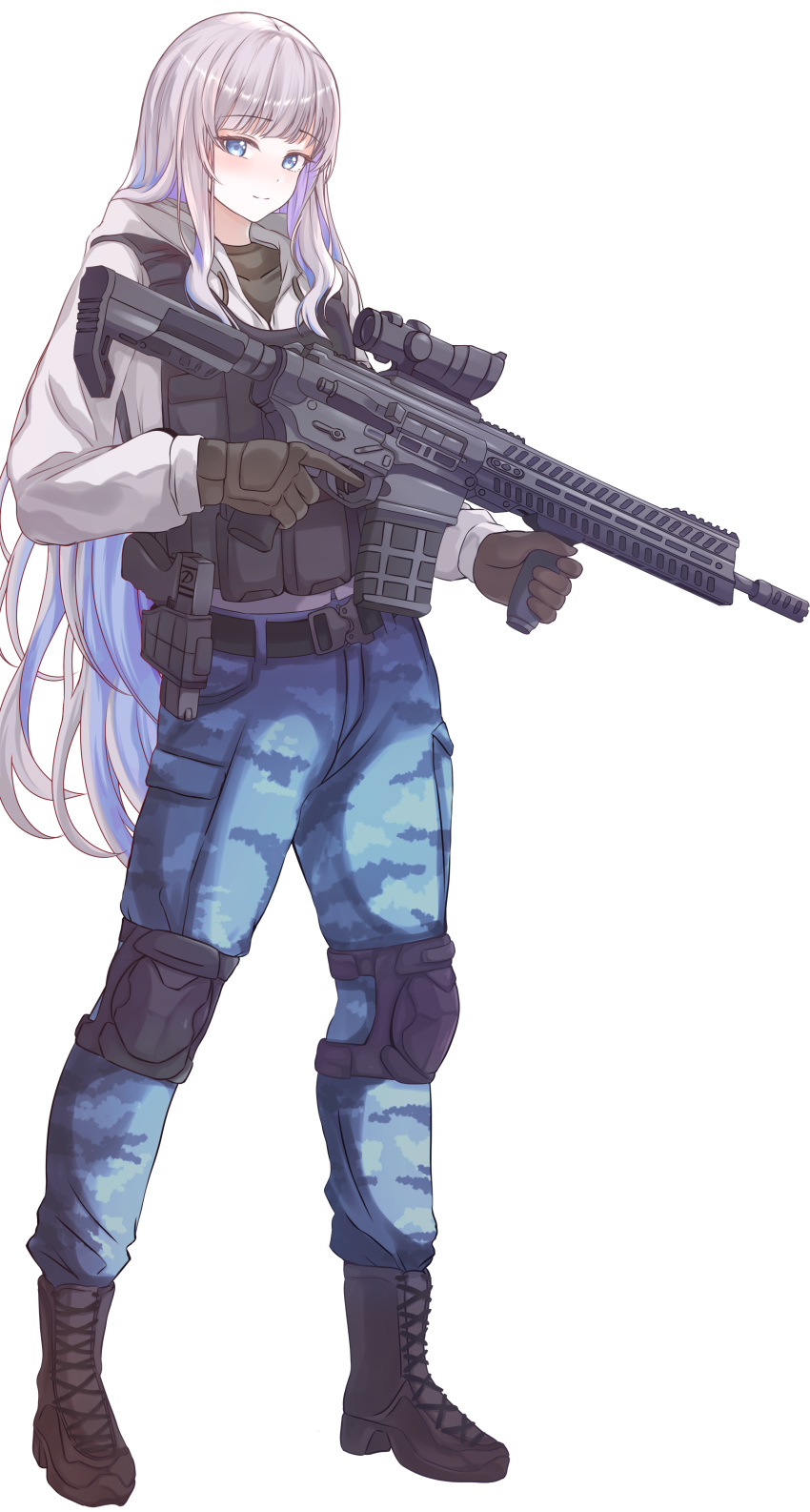 Safebooru - 1girl absurdres acog assault rifle belt black belt black ...