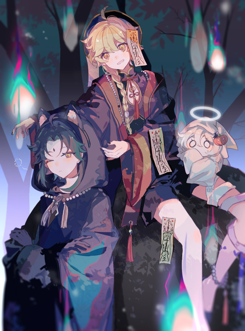 Safebooru - 1girl 2boys aether (genshin impact) animal ears animal hood black cloak black hair ...