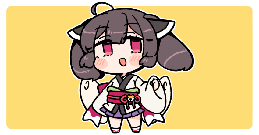 Safebooru - 1girl :d ahoge blush stickers border brown hair chibi chibi ...