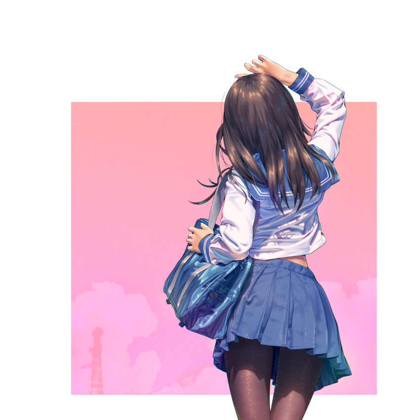 Safebooru - 1girl a.x. absurdres arm up bag blue skirt brown hair ...