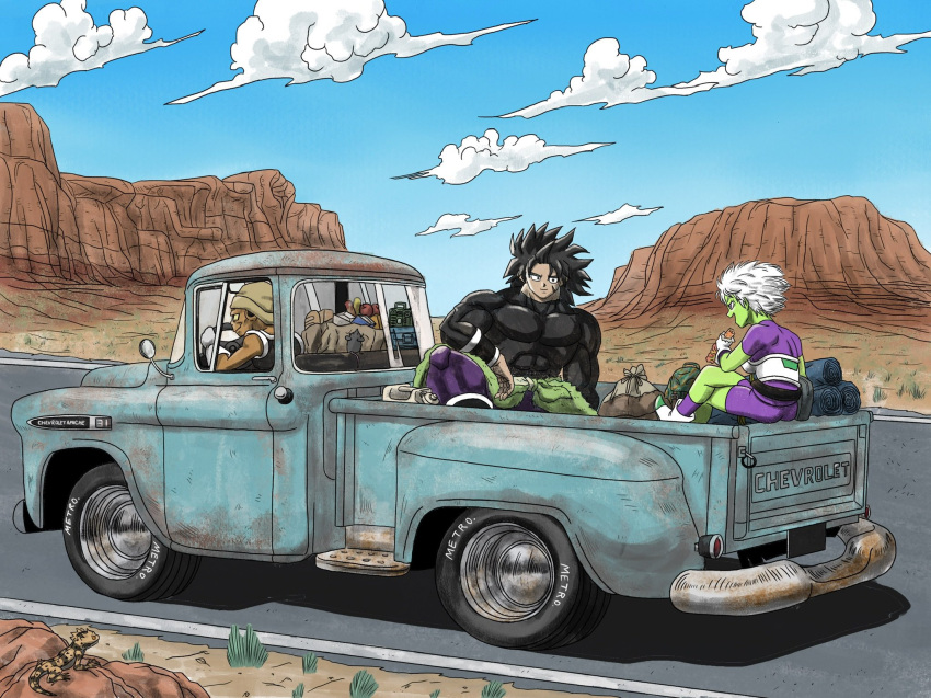 Safebooru - 1girl 2boys armor black hair black shirt breasts broly ...
