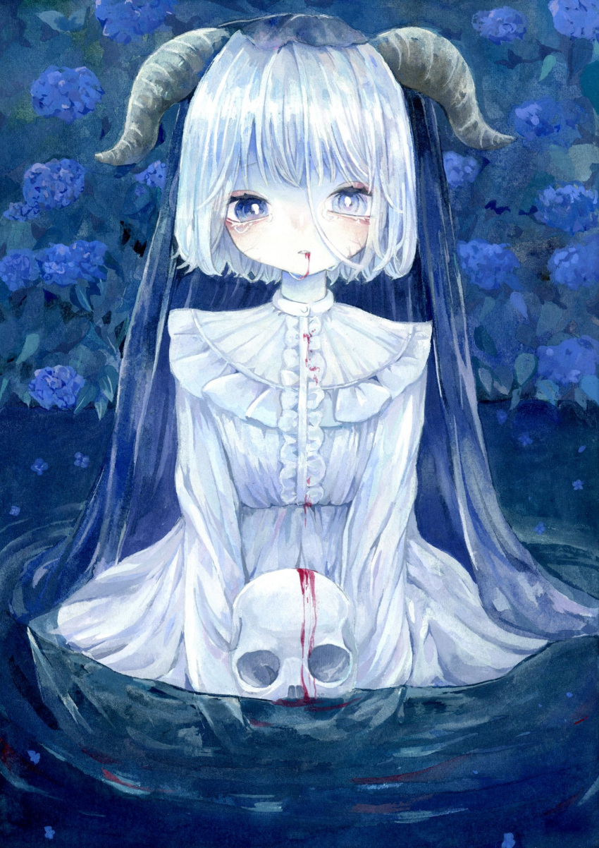 Safebooru - 1girl blood blood from mouth blue eyes blue flower center ...