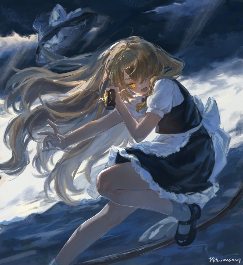 Safebooru - 1girl apron artist name black bow black shoes blonde hair ...