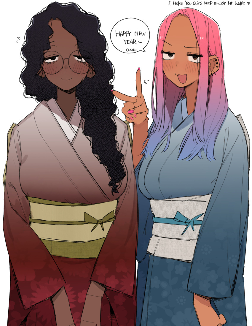 Safebooru - 2girls black hair blue hair blue kimono blush broccoli ...