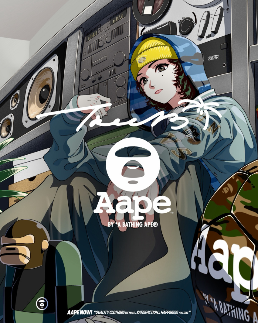 Safebooru - 1girl a bathing ape aldo (a bathing ape) ball beanie blue ...