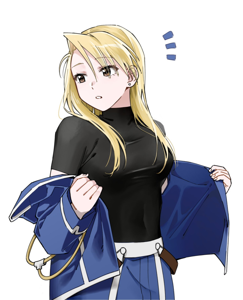 Safebooru - 1girl axrrrrrr black shirt blonde hair blue jacket blue ...