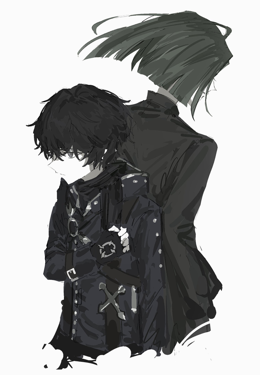 Safebooru - 1boy 1girl back-to-back black eyes black gloves black hair ...