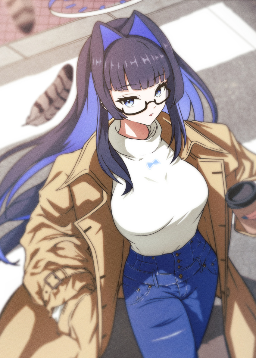 Safebooru - 1girl absurdres black-framed eyewear blue hair blue nails blue pants brown coat coat ...