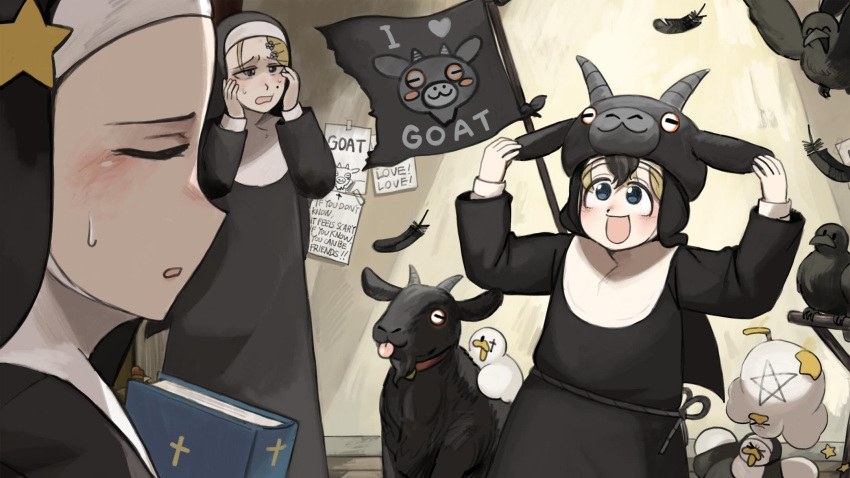Safebooru - 3girls :d bible (object) bird blonde hair blue eyes chicken ...