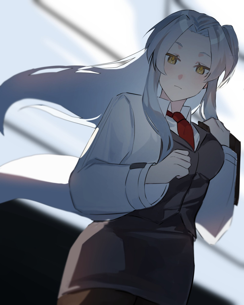 Safebooru - 1girl angela (project moon) black skirt black vest breasts closed mouth coat ...