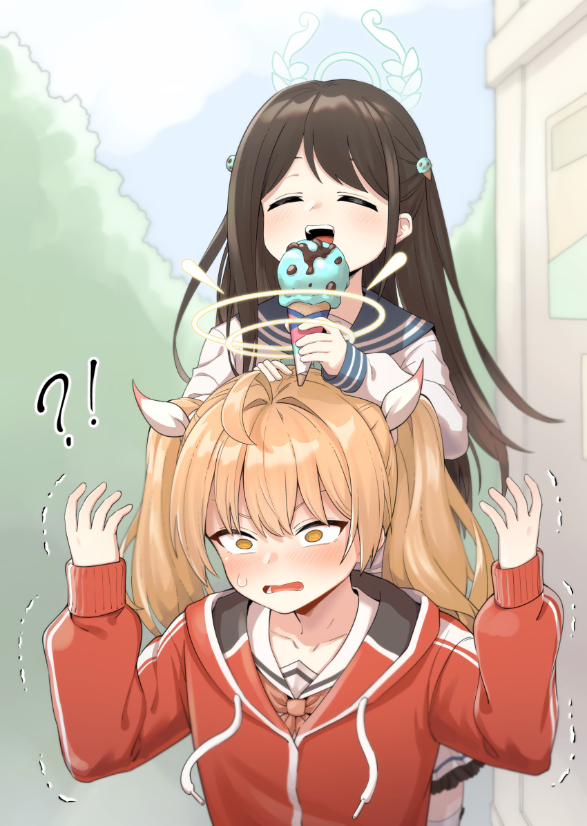 Safebooru - !? 2girls absurdres airi (blue archive) black hair black sailor collar blonde hair ...