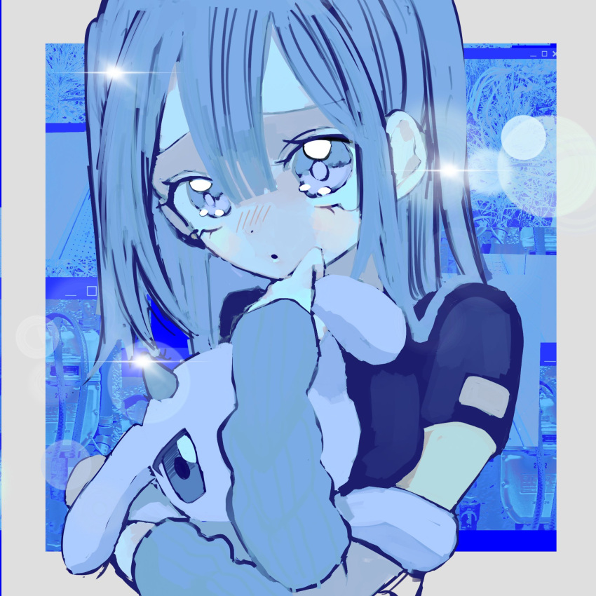 Safebooru - 1girl arm warmers blue background blue eyes blue hair blue theme blush border grey ...