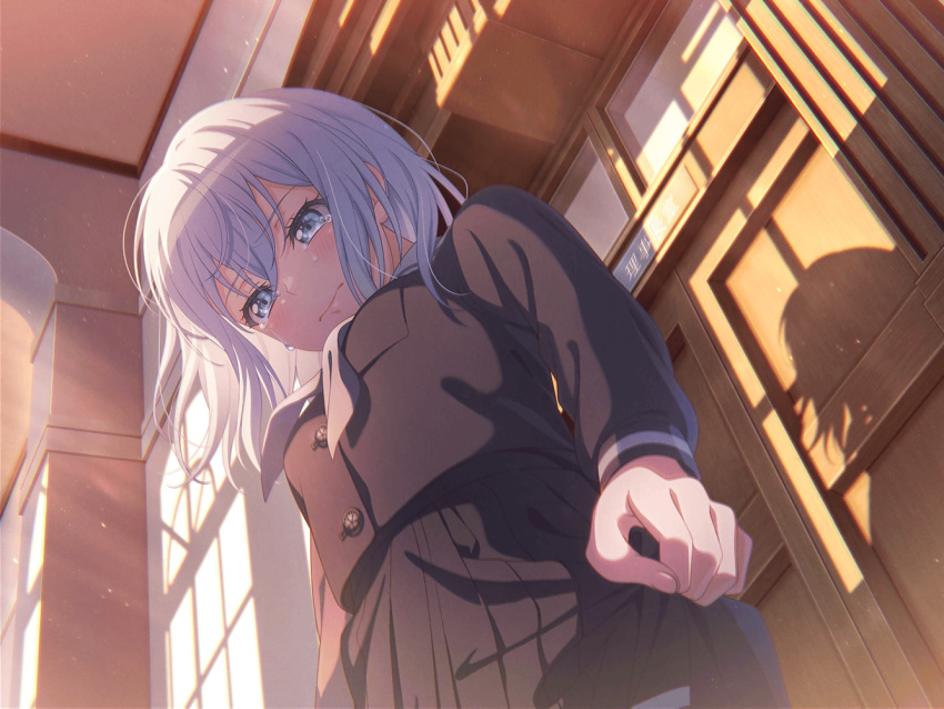 Safebooru - bang dream! blue eyes blush dress grey hair kurata mashiro official art short hair ...