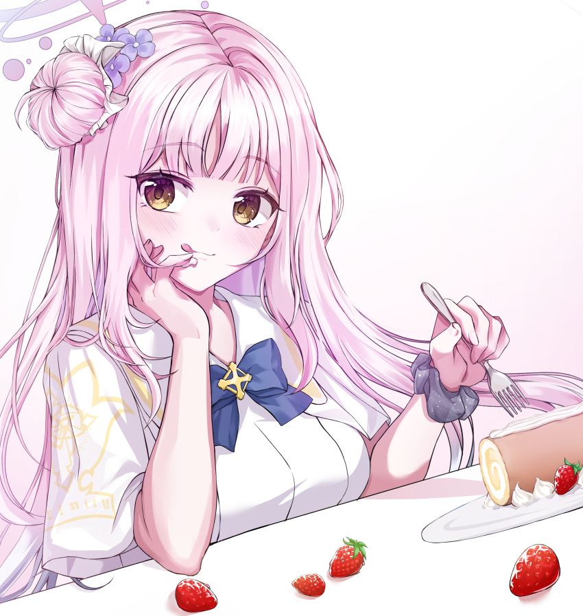 Safebooru - 1girl :q absurdres blue archive blue bow blush bow dress eating flower food fruit ...