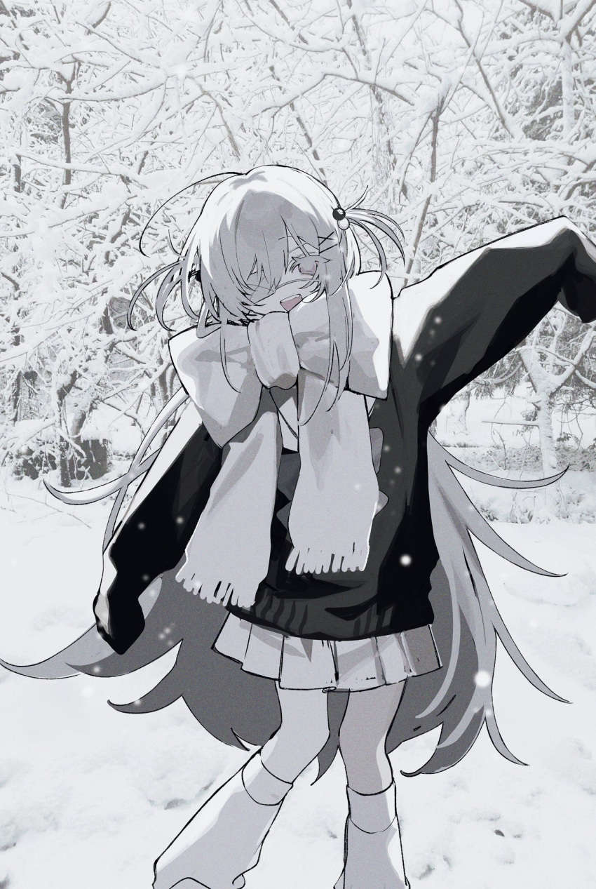 Safebooru - 1girl arm up black sweater bow eyepatch feet out of frame ...
