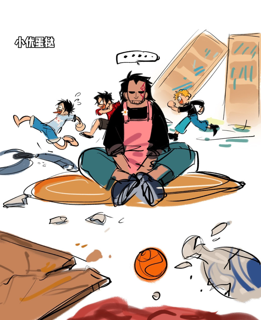 Safebooru - 4boys aged down apron black hair blonde hair blue shorts ...