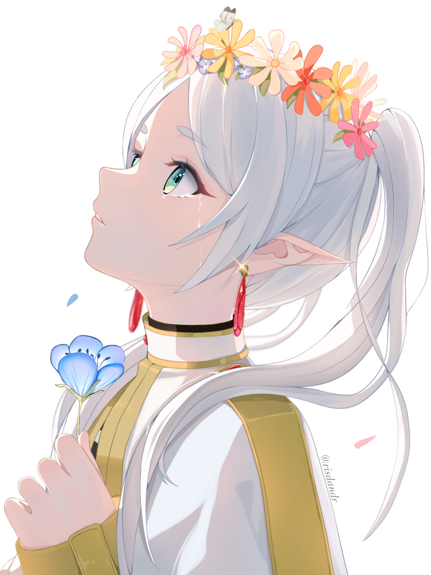 Safebooru - 1girl artist name crying crying with eyes open earrings elf flower frieren glint ...