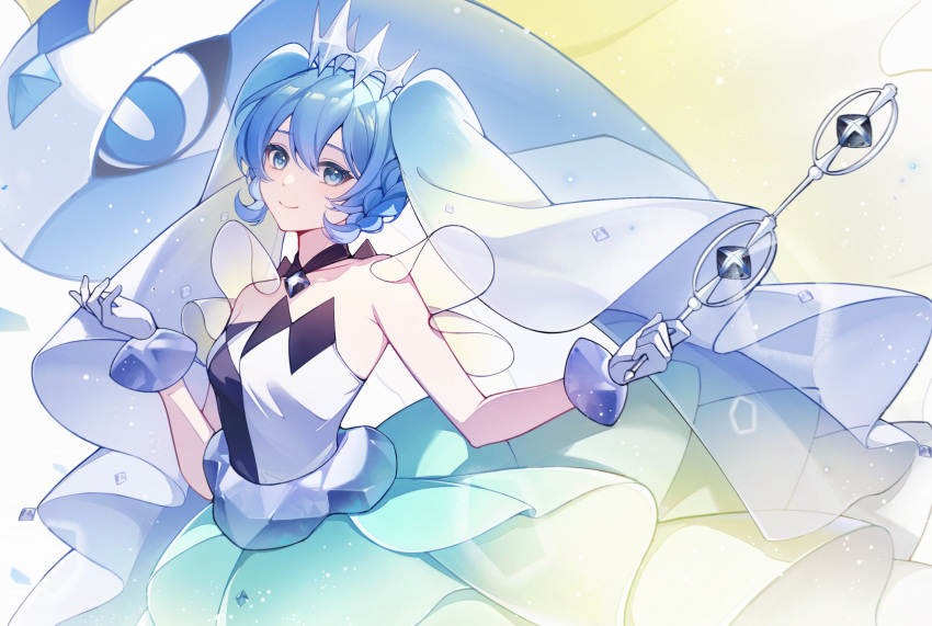 Safebooru - 1girl absurdres aurorus blue eyes blue hair commentary request diamond (shape) dress ...