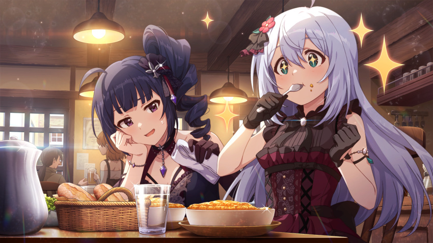 Safebooru - + + 2girls ahoge black gloves black hair bread card ...