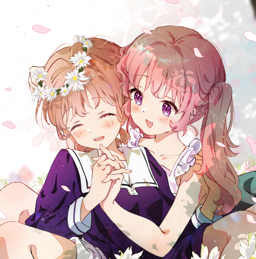 Safebooru - 2girls brown hair closed eyes dress head wreath highres hzs yumu interlocked fingers ...