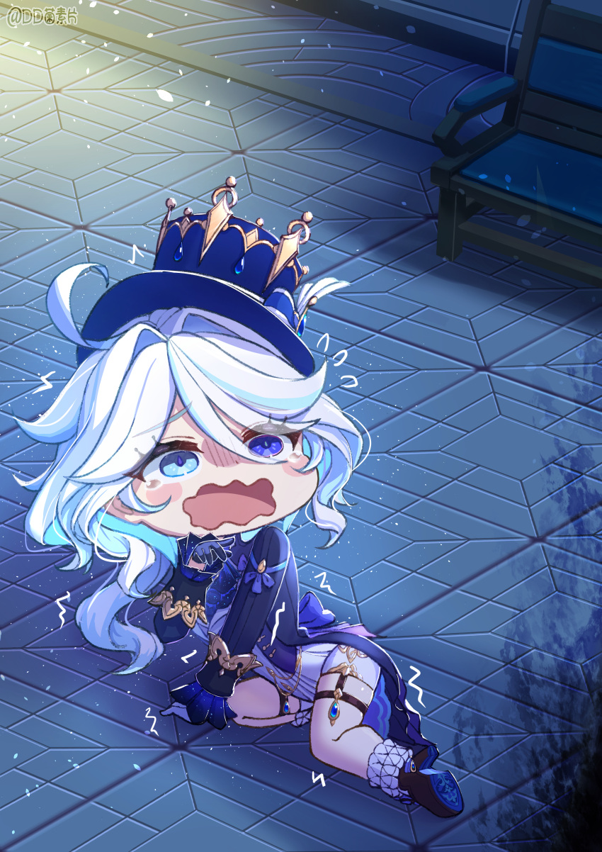 Safebooru - 1girl absurdres ahoge asymmetrical gloves bench blue eyes blue gemstone chibi dd che ...