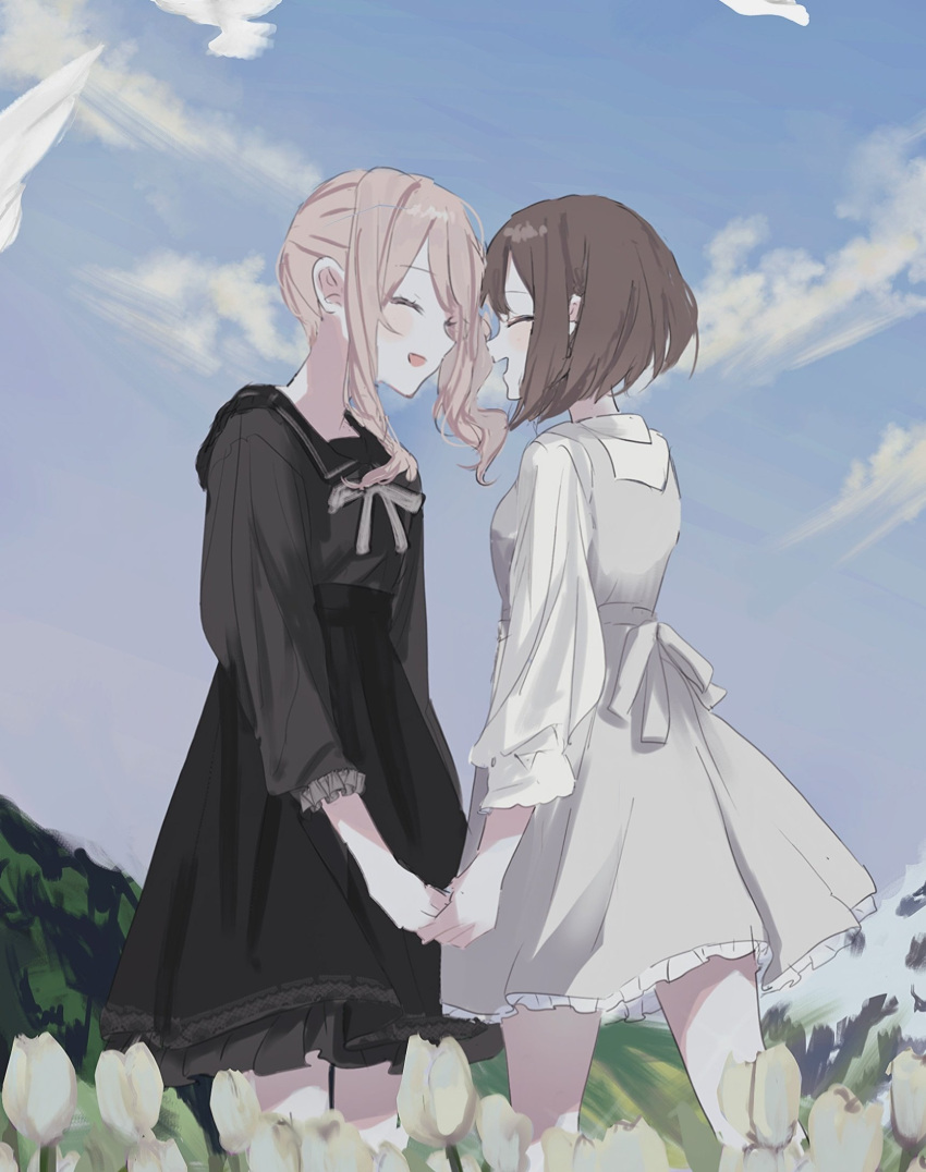 Safebooru - 1girl 1other akiyama mizuki bird brown hair closed eyes clouds commentary dress ...