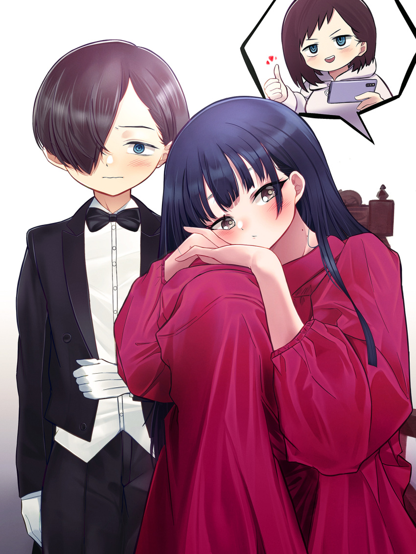 Safebooru - 1boy 2girls black hair black jacket black suit blue eyes boku no kokoro no yabai ...