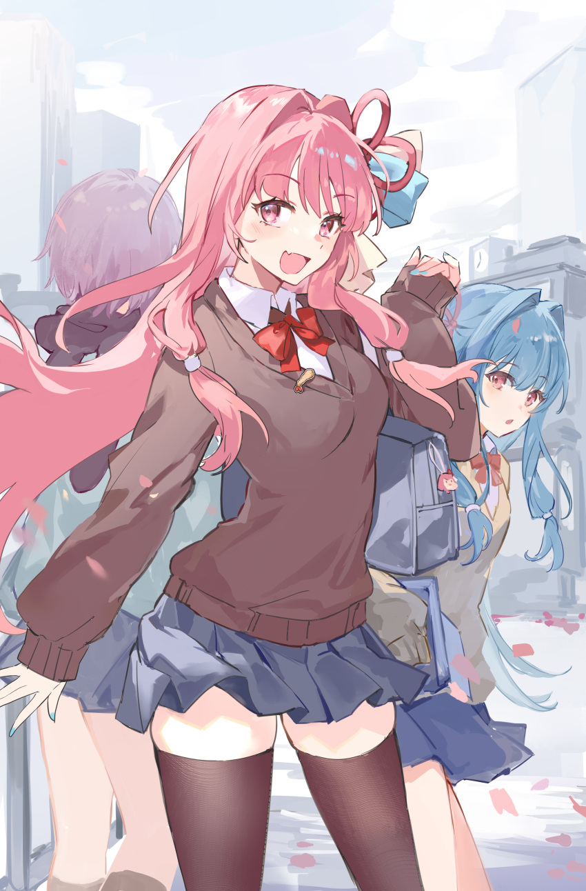 Safebooru - 3girls absurdres alternate costume bare legs black socks black thighhighs blue bow ...