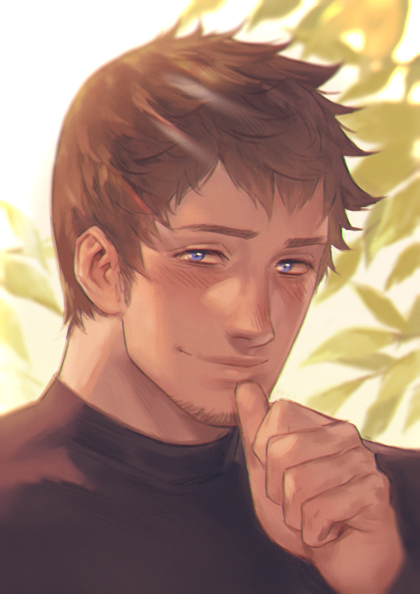 Safebooru - 1boy absurdres ardbert hylfyst black shirt blue eyes blush brown hair closed mouth ...