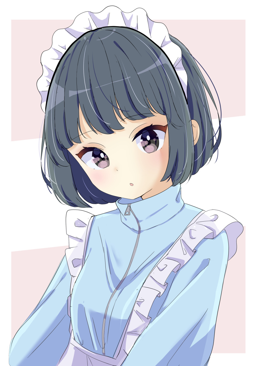 Safebooru - 1girl :o absurdres apron black hair blue jacket bob cut commentary request frilled ...